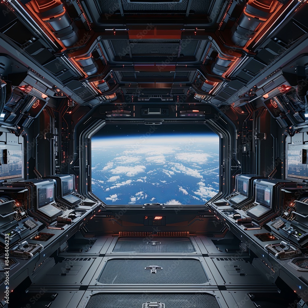 Futuristic space station interior with a clear view of the Earth and ...
