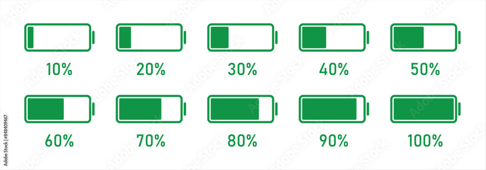 Set of 10 to 100% infographics full battery charge. Battery charging ...