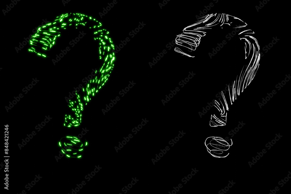 Question mark made of many thin transparent tubes with green neon light ...