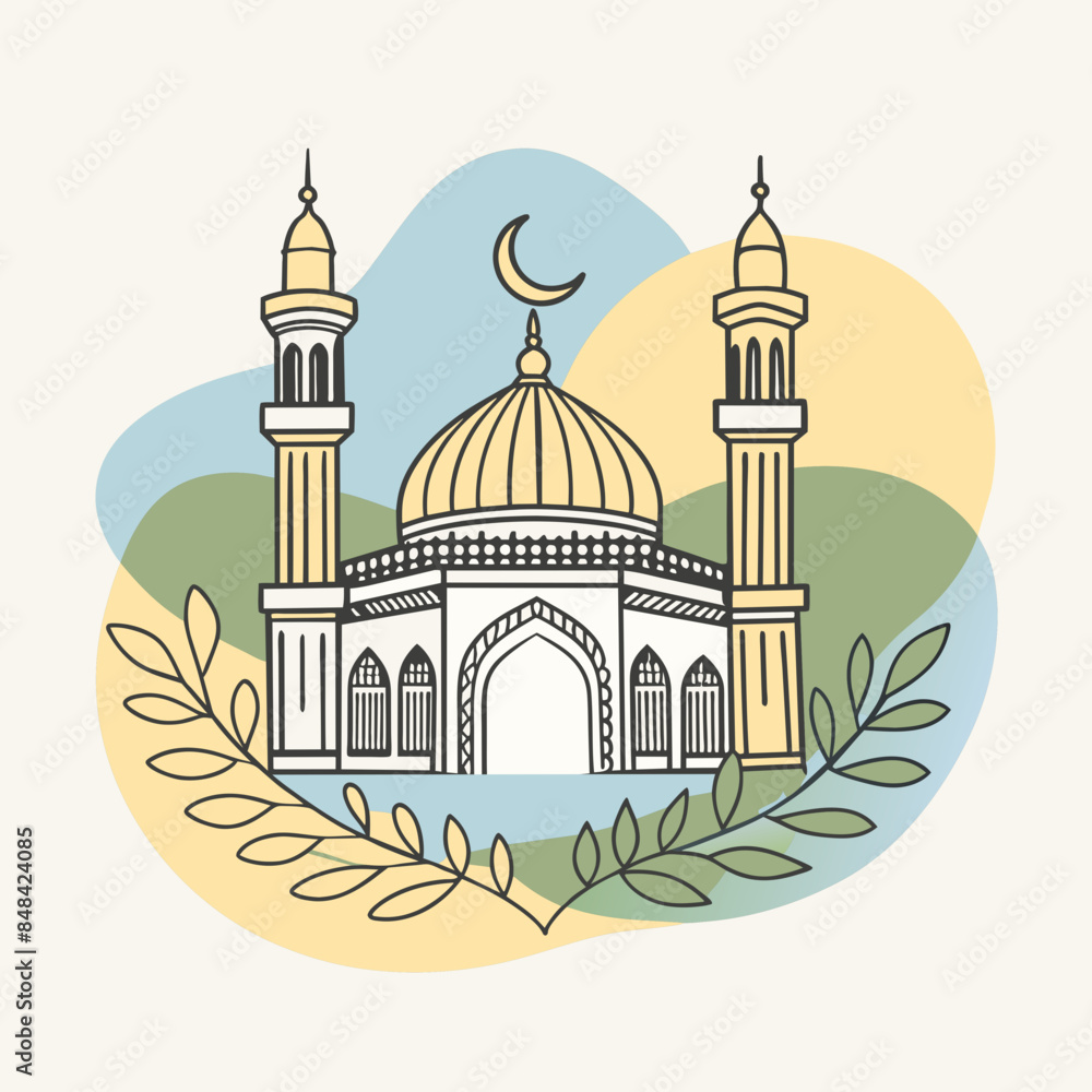 Mosque flat Vector illustration isolated on solid background. Islamic ...