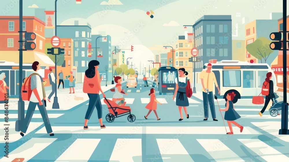 This modern flat illustration depicts people walking on pedestrian ...