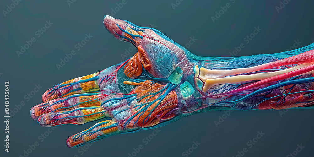 Detailed anatomical section of a human hand in a bright scientific ...