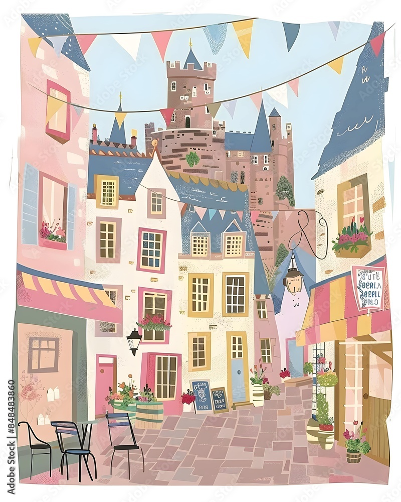 Cute cartoon illustration, cute city street with buildings in the ...