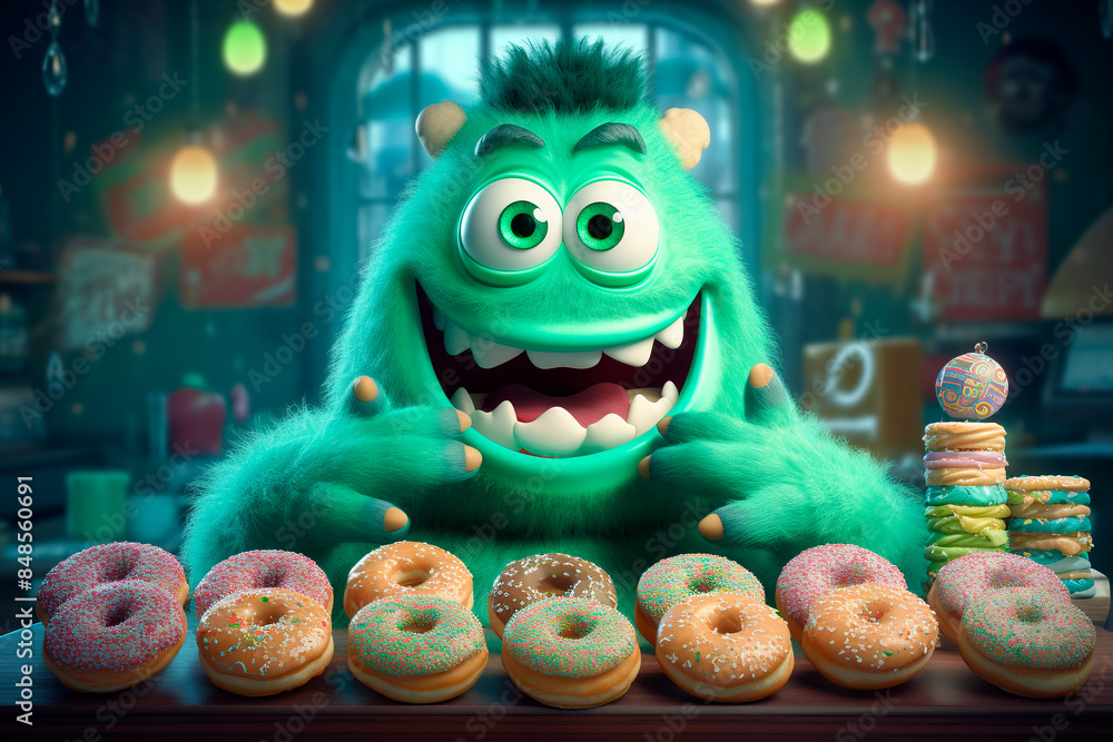 Funny baby monster with donuts. Joyful character stands in front of ...