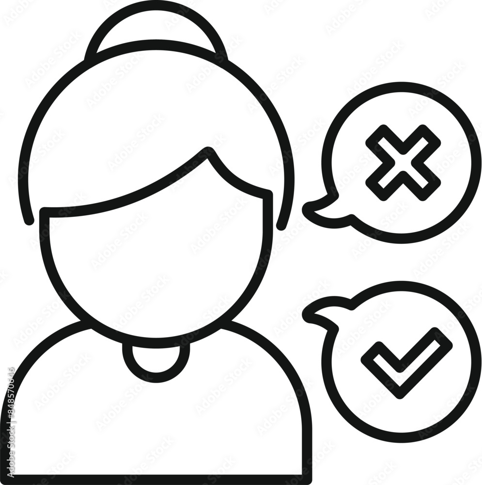 Line drawing of a woman deciding between a check mark and an x mark ...