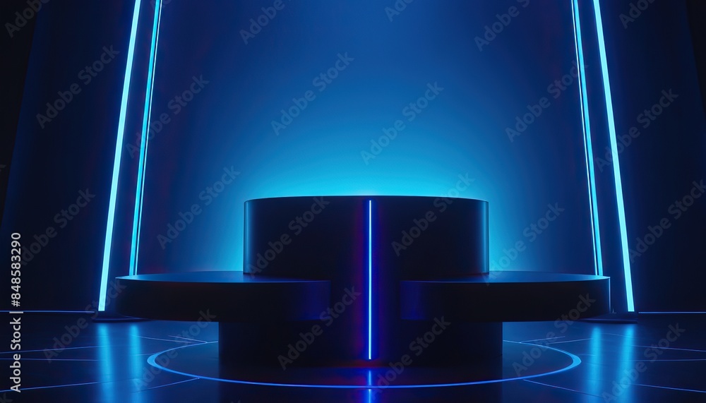 3D rendering of a blue glowing stage with spotlights The stage is made ...