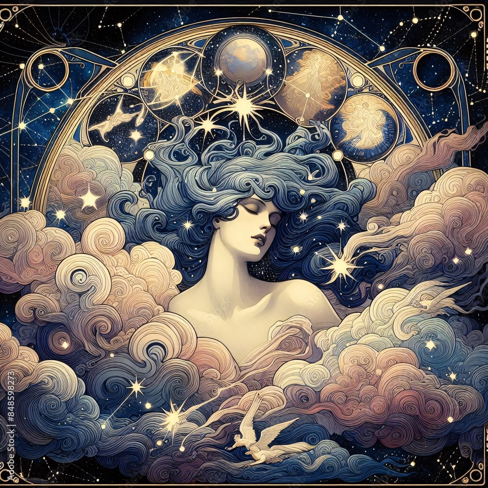 Art Nouveau illustration of a celestial goddess amidst swirling clouds ...