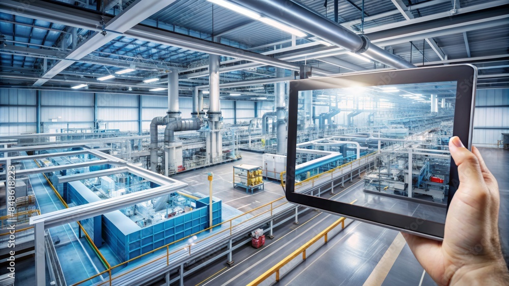 Modern industrial factory interior with futuristic digital tablet computer displaying augmented ...