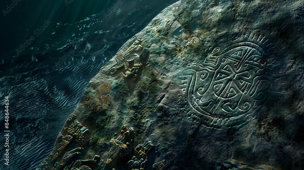 Ancient underwater glyph on rock face, close-up, cryptic symbols ...