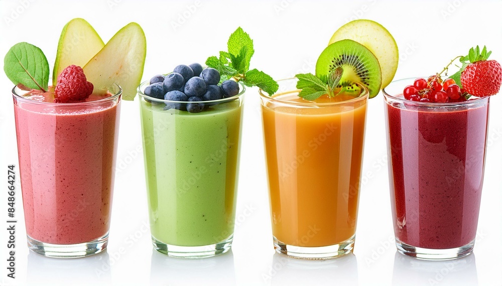 Set of classical fresh delicious smoothies decorated with fruits and ...