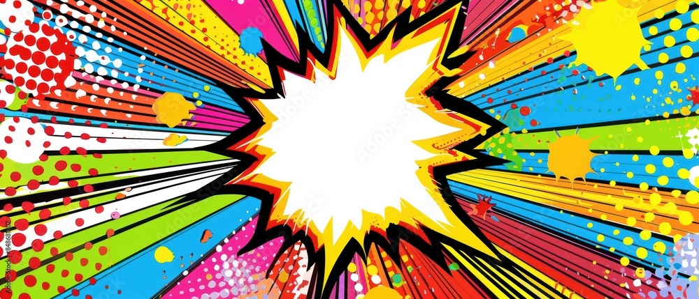 Dynamic pop art explosion with a central speech bubble, bright and vibrant colors, comic book ...
