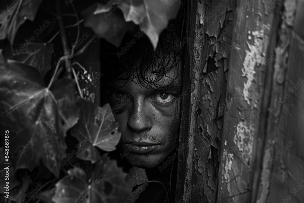 Suspicious young man watches what is happening, hiding in a wooden shed ...