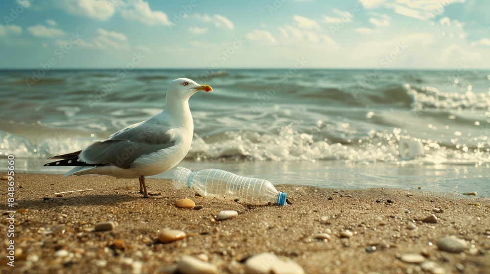 Birds living on a beach full of plastic waste and pollution ...