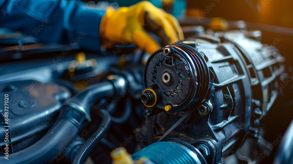 Car service. A new compressor for the air conditioner. Close-up. An ...