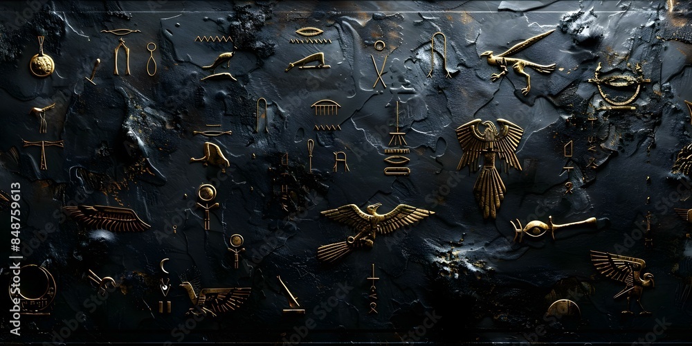 Ancient Egyptian hieroglyphs on black wall symbolizing rich history and ...