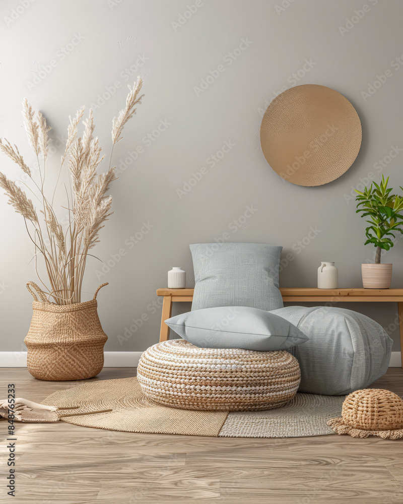 Relaxing interior design composition in warm beige colors with zen ...