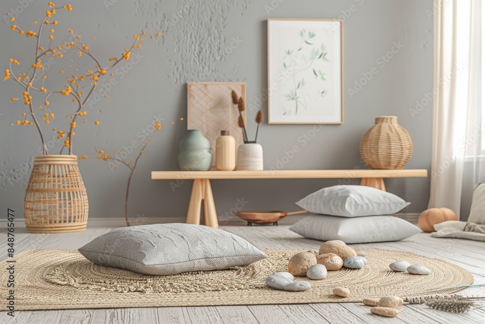 Relaxing interior design composition in warm beige colors with zen ...