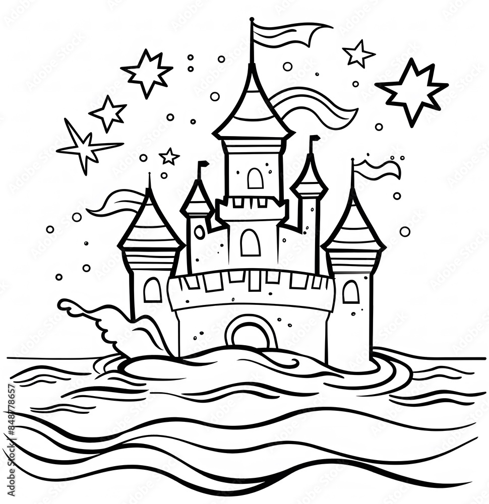 black and white vector line drawing illustration ,sandcastle with stars ...