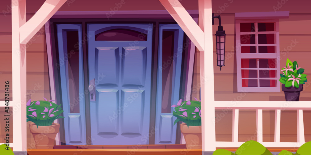 Home exterior facade with closed entrance door and wooden porch ...