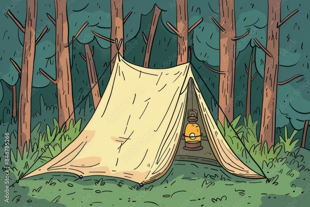 Cartoon cute doodles of a tent in the woods with a lantern hanging ...