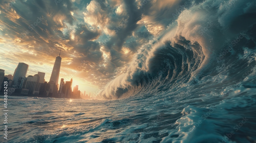 Tsunami Wave Approaching City Skyline. Disaster Concept. Large tsunami ...