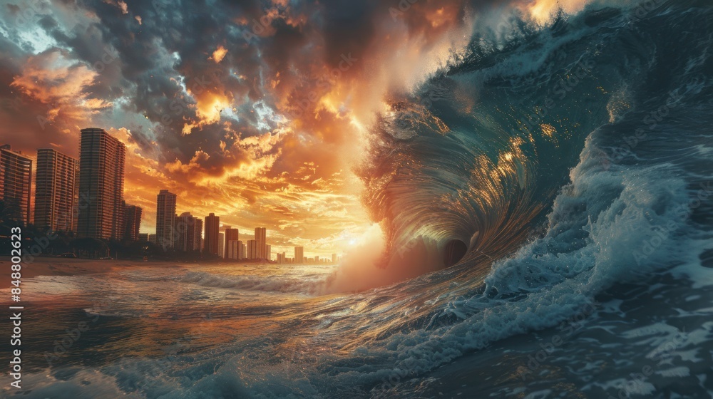 Tsunami Wave Approaching City Skyline. Disaster Concept. Large tsunami ...
