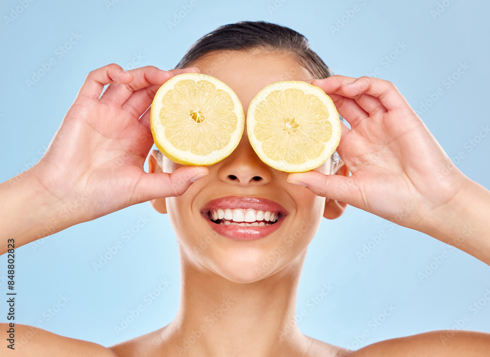 Girl, lemon and eyes in studio for skincare, organic and natural ...