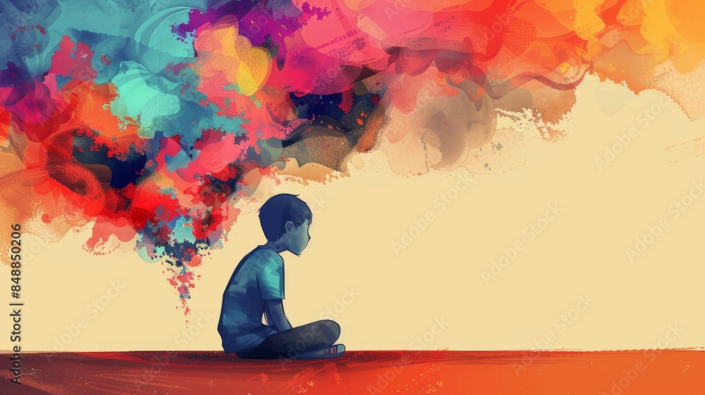 Horizontal banner. World ADHD Awareness Day. silhouette of a sitting ...