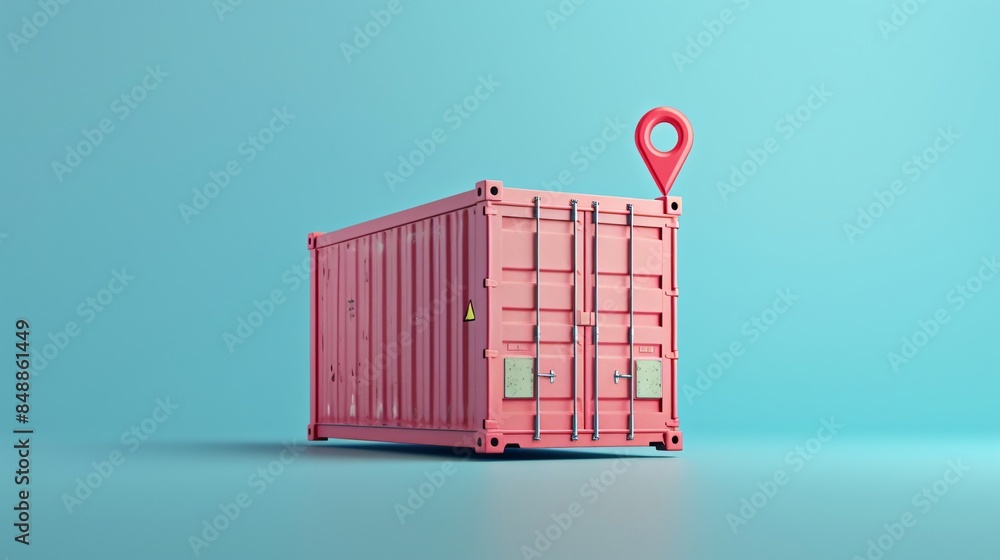 Pink shipping container with a red location pin symbol against a blue ...