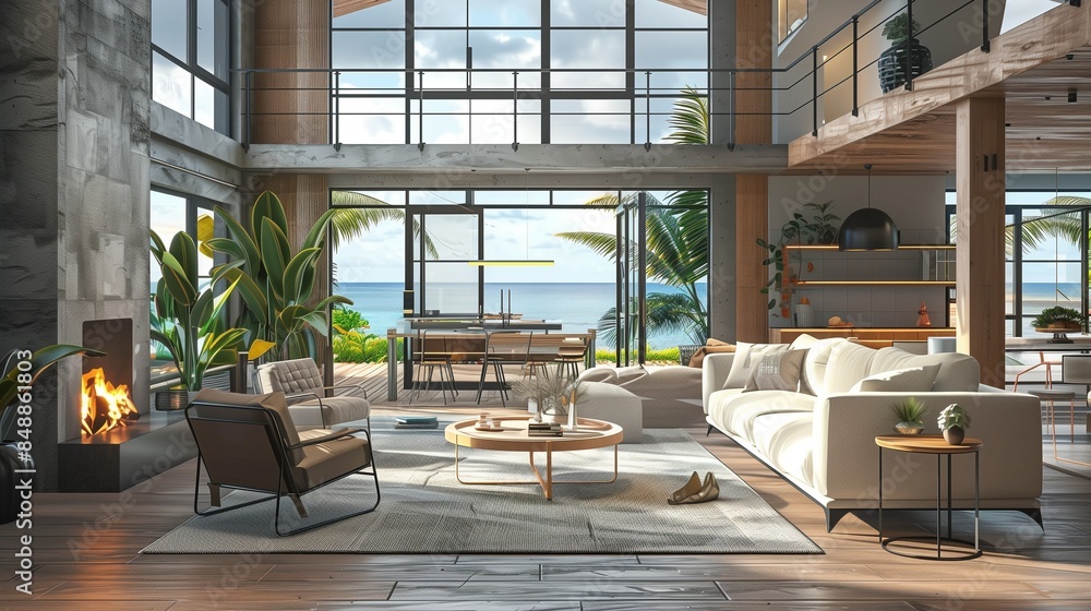 Stylish home relax room interior with sofa and armchairs, fireplace and ...