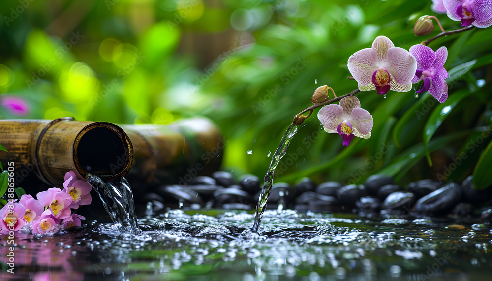 calming scene of water flowing from an ancient bamboo pipe into black ...