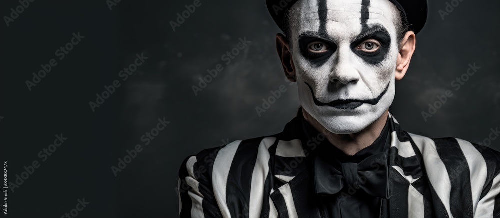 Copy space image of a solemn mime artist on stage gazing sideways with ...