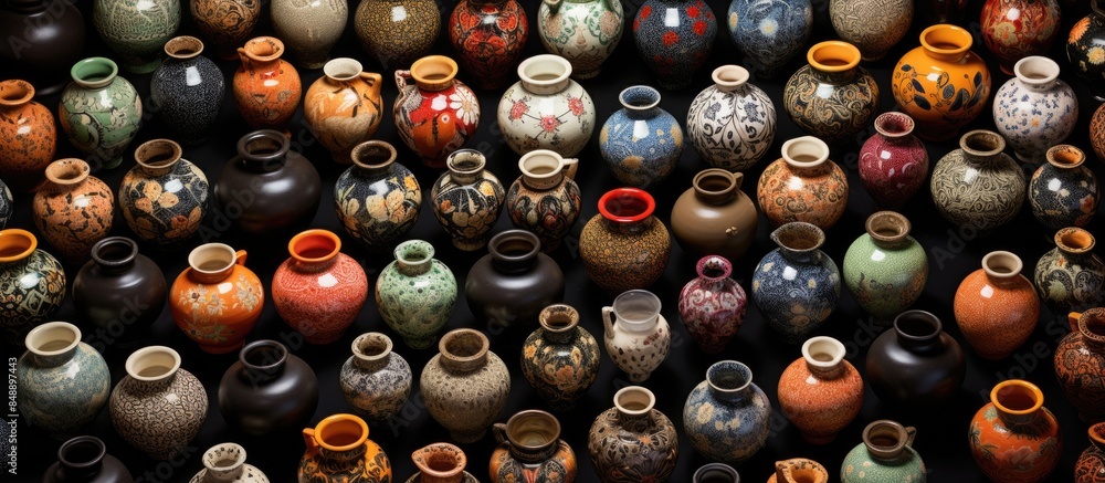 An aerial view displays an arrangement of hand painted pottery jars ...