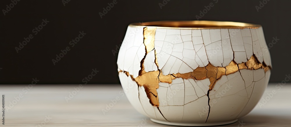 Japanese pottery with gold restoration cracks using Kintsugi technique ...