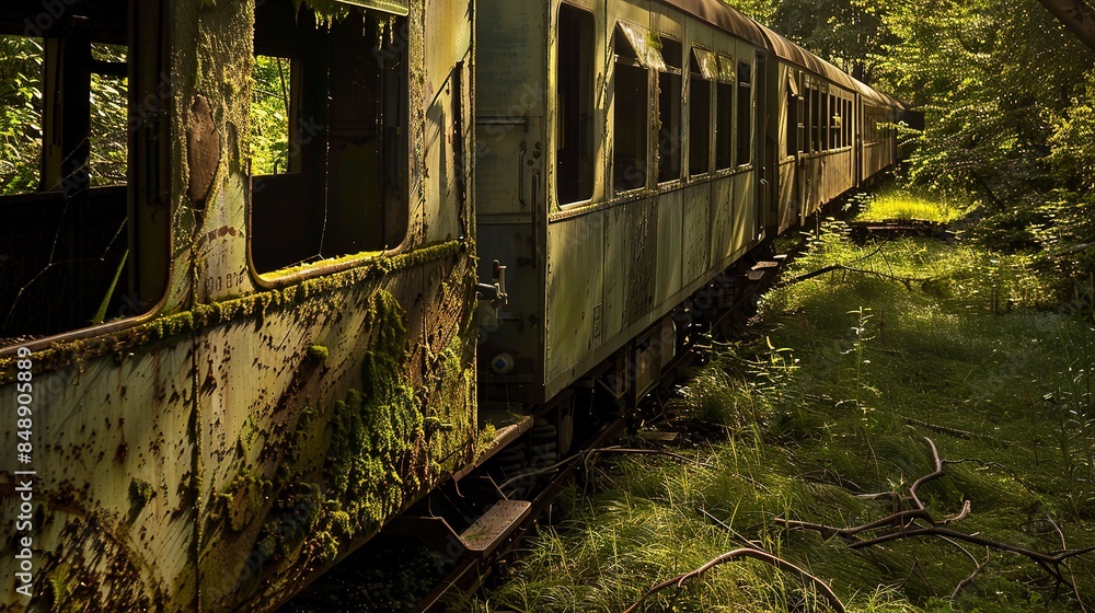 Repurposed train car shelter in an overgrown railway yard, moss-covered ...