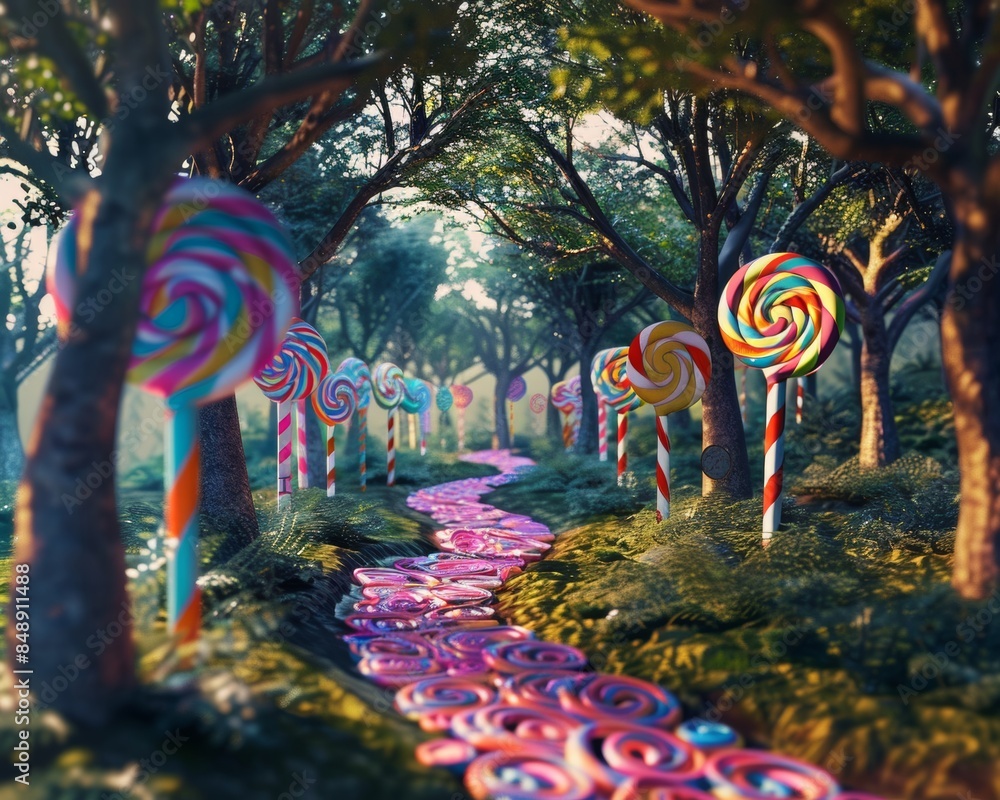 Explore a surreal world where lollipop trees tower above, creating a ...