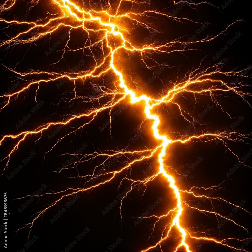 Pure black background, overlay of flashing amber lightning cascading ...
