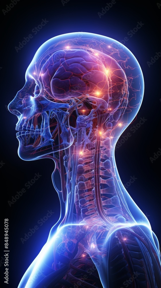 3D illustration showing detailed anatomy of the human head and neck ...