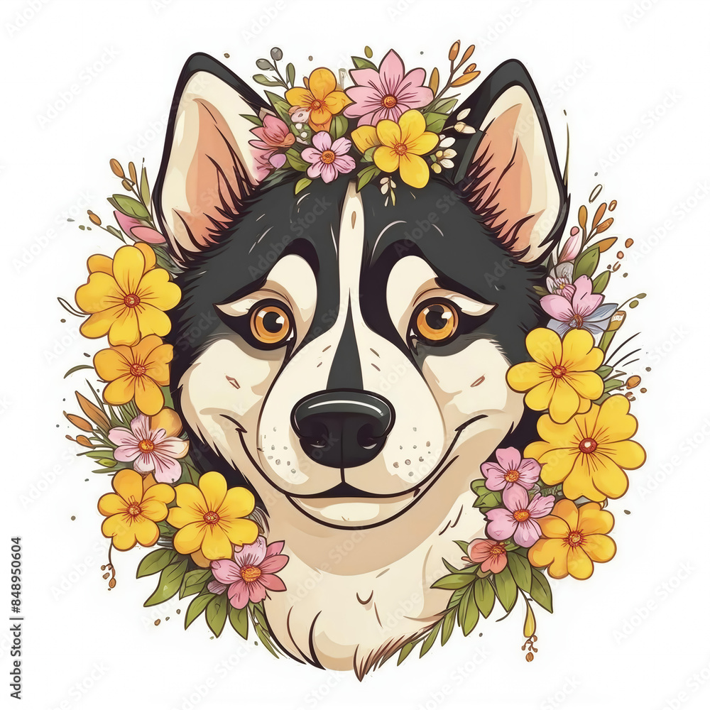 cute cartoon dog, husky with flowers on his head, pet. illustration ...