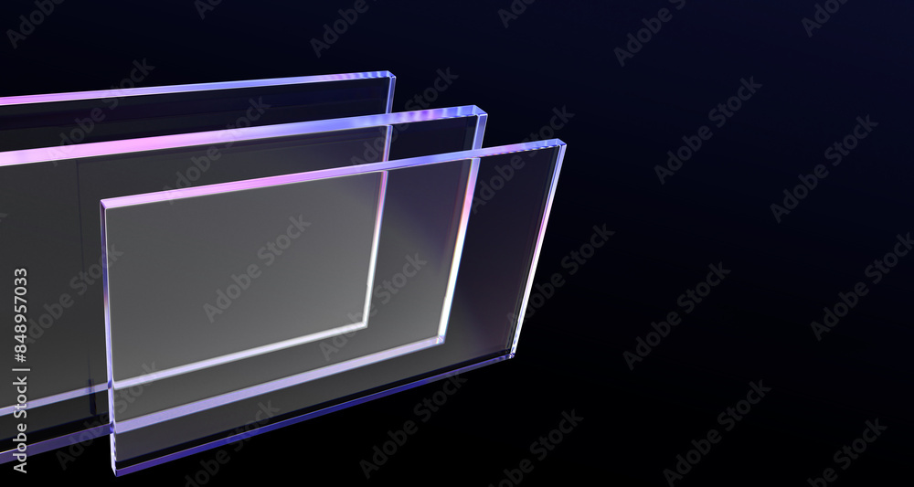 3d abstract neon light glass rectangle plates on dark black background ...
