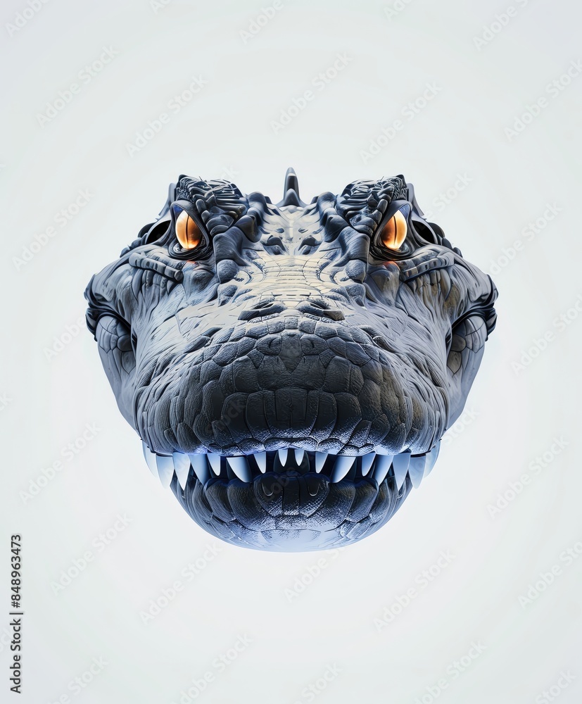 floating cyborg angry crocodile face, front view, plain background ...