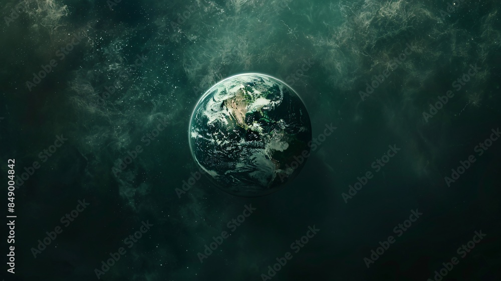 A topdown view of Earth, centered in the middle with a dark green ...
