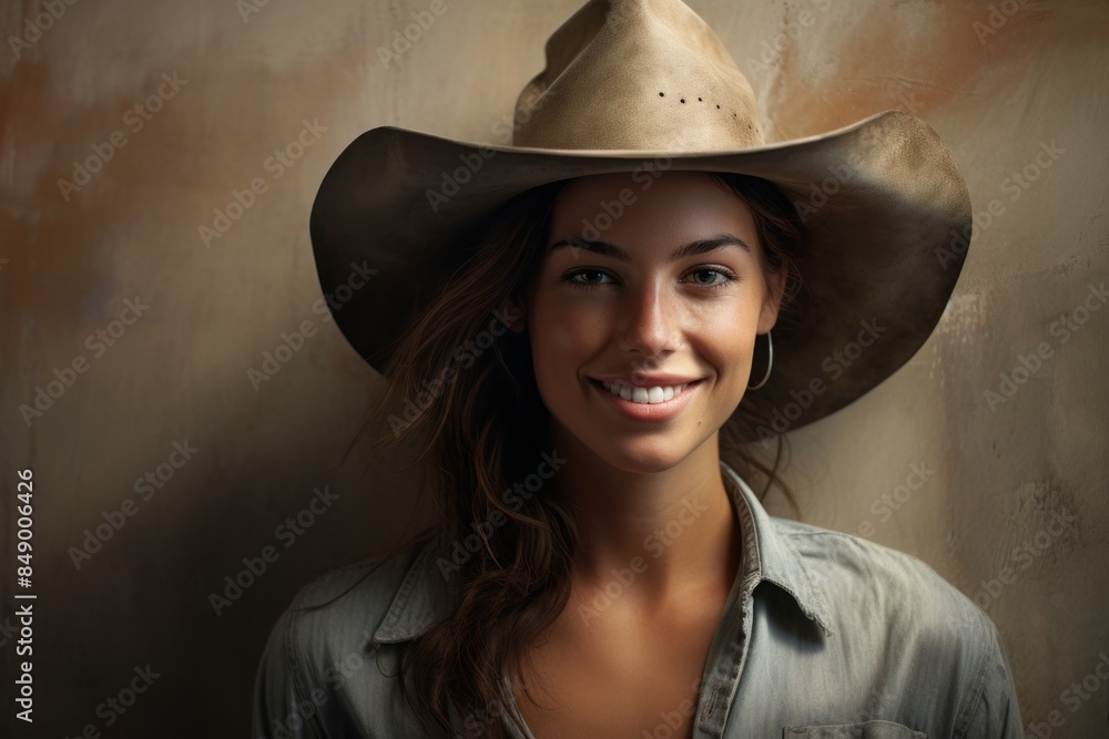 Portrait of a grinning woman in her 20s wearing a rugged cowboy hat in ...