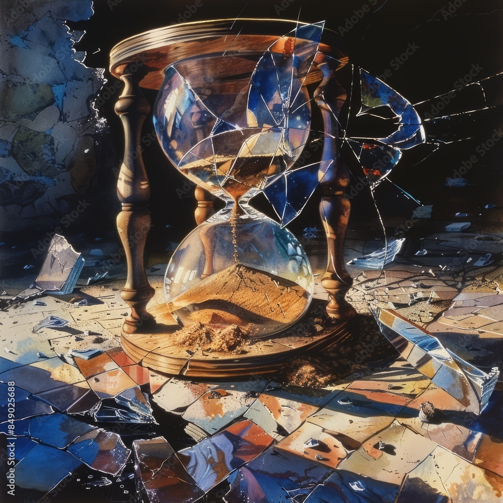 broken shattered hourglass lying in a pool of spilled sand, the glass ...