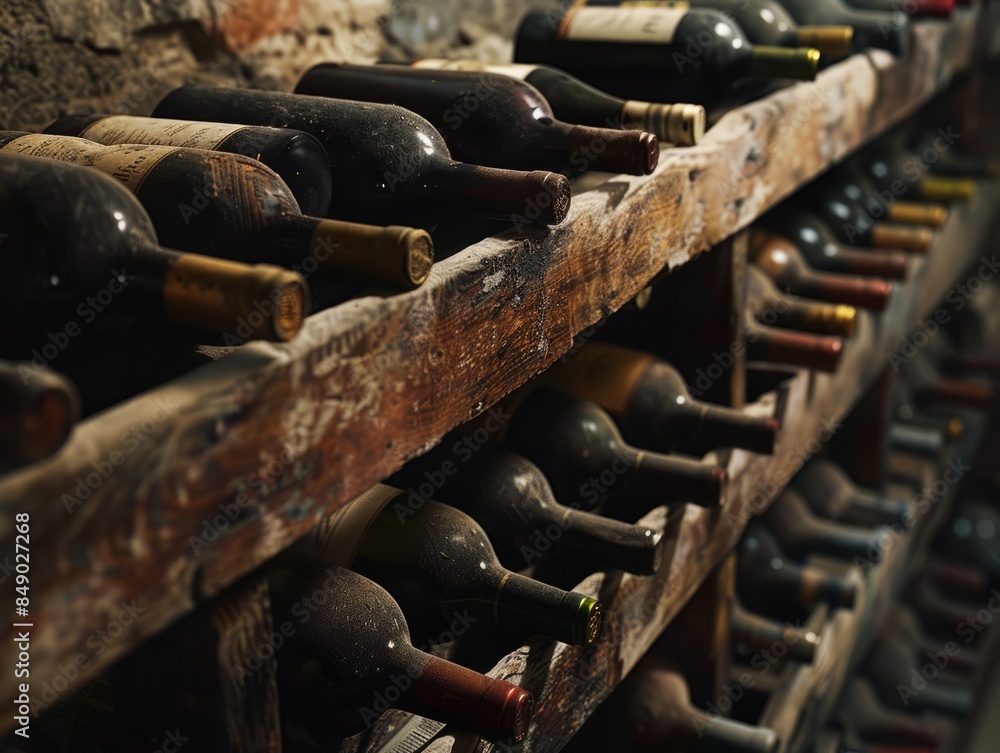 antique wooden wine rack filled with an array of vintage wine bottles ...