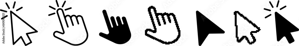 Computer mouse click cursor arrow icons set. Clicking cursor. Hand cursors icons click set ...