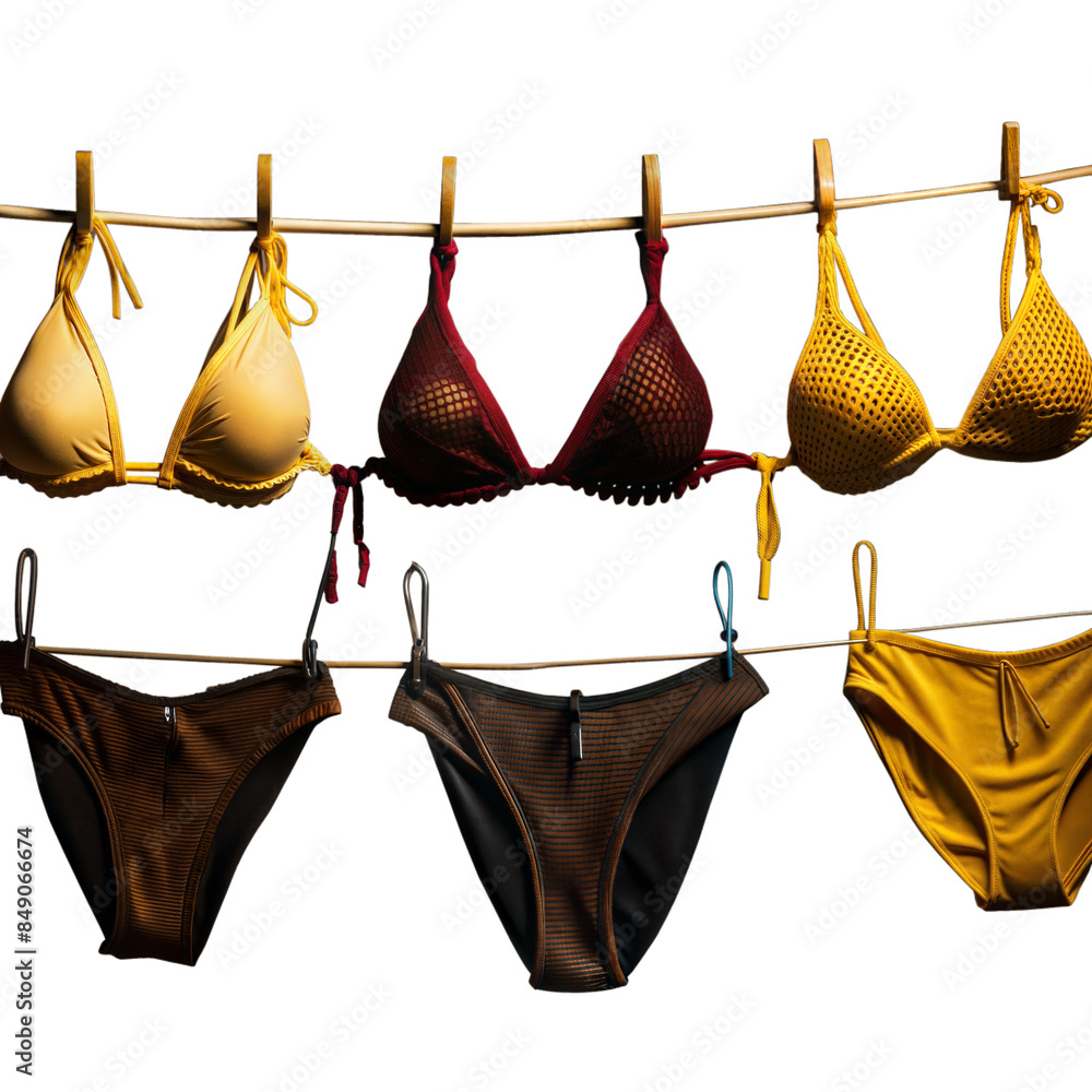 Colorful bikinis drying on a clothesline with transparent background ...