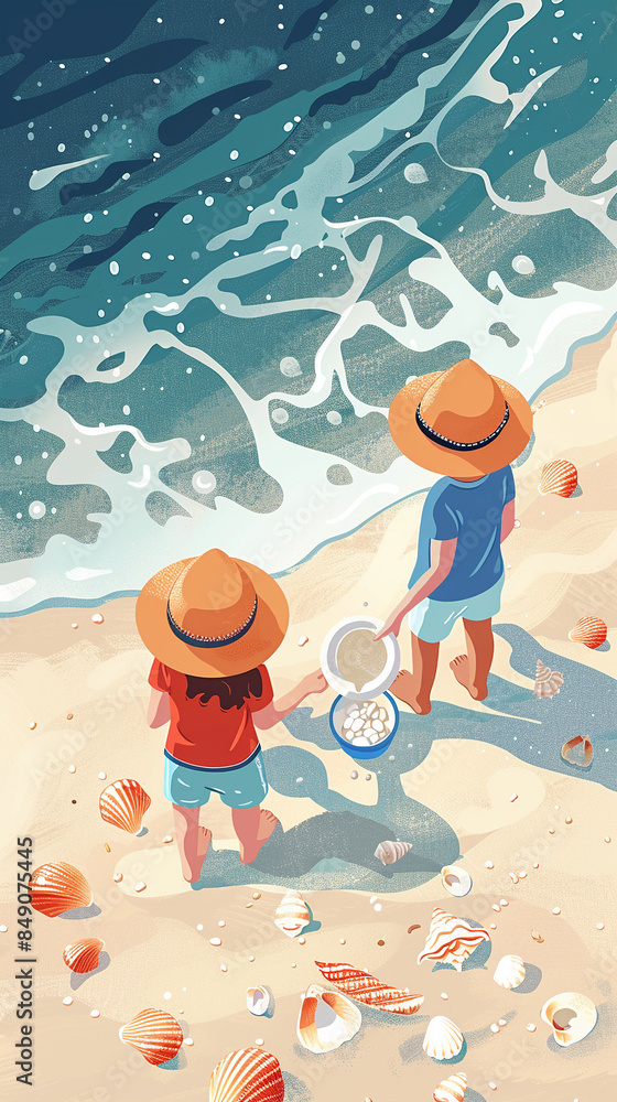 Children collecting seashells during a beach outing flat design top ...