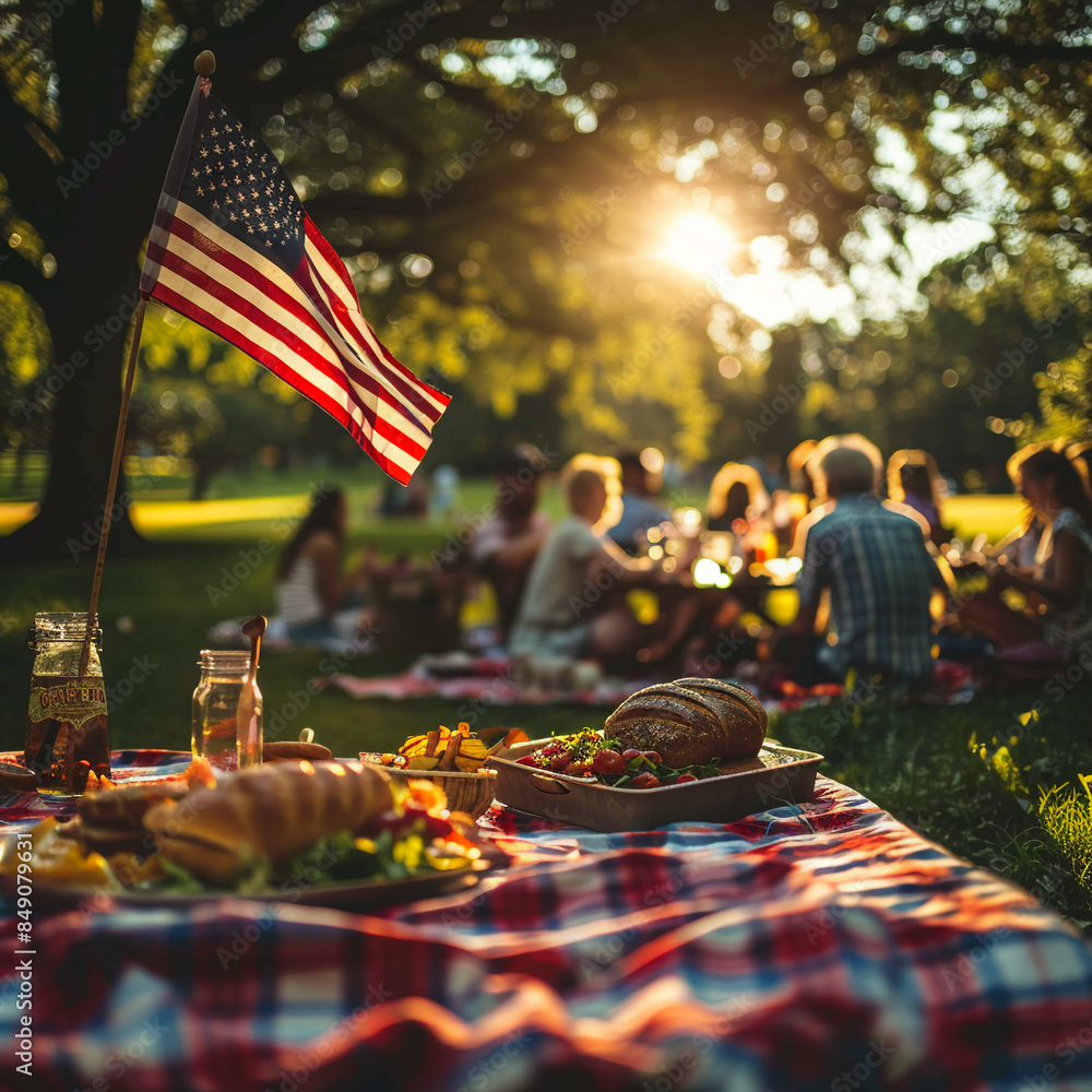 flag waving proudly at a family picnic in the park, symbolizing unity ...