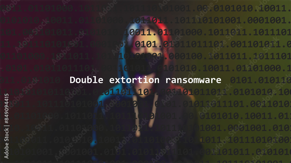 Cyber attack double extortion ransomware text in foreground screen, anonymous hacker hidden with ...